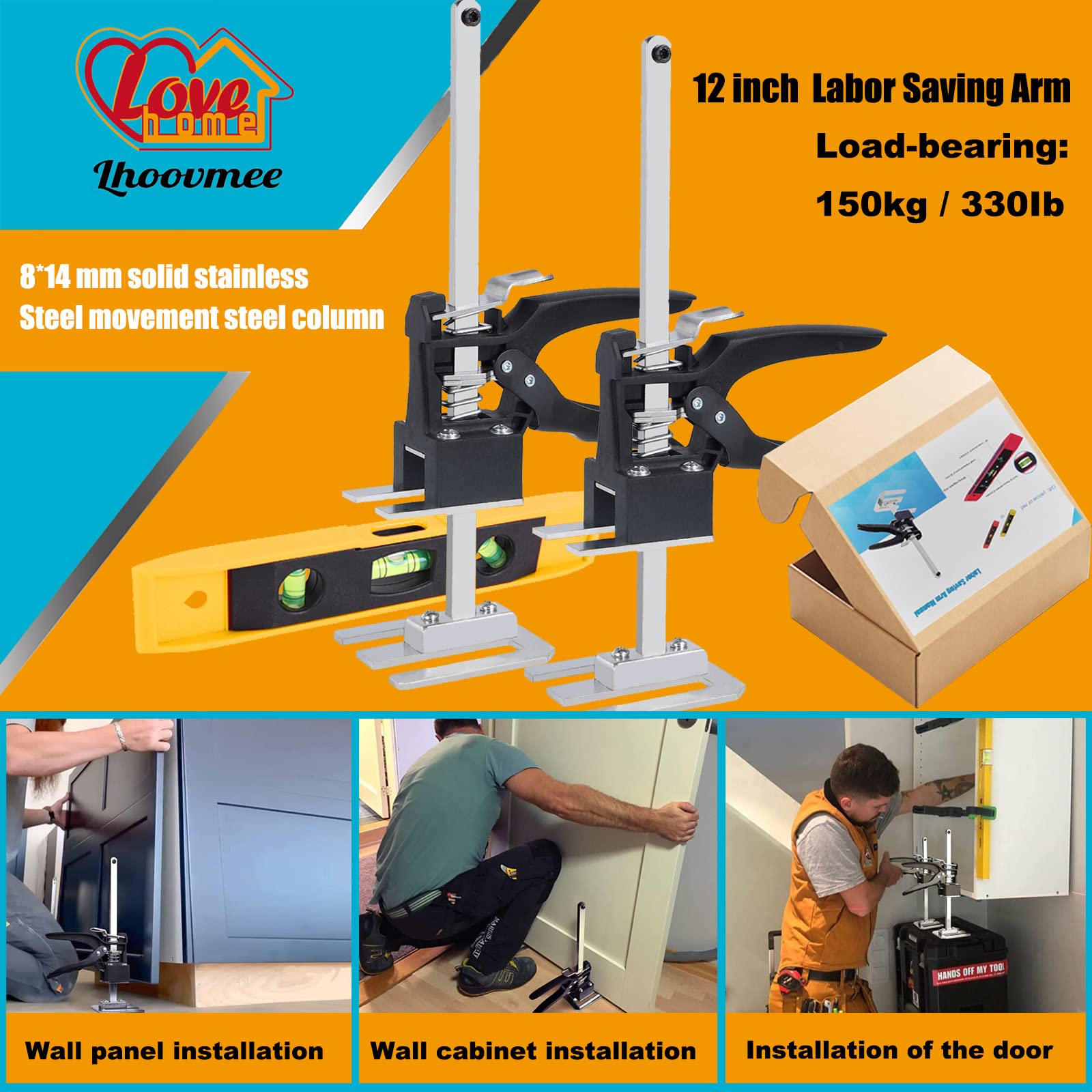 Labor Saving Arm Jack 2 Pack, 12 Inch Lever Arm Lifter with Level Ruler, Hand Jack Lift Tool, Furniture Jack Lifter, Effort Elecator for Floors Doors Cabinet Installation