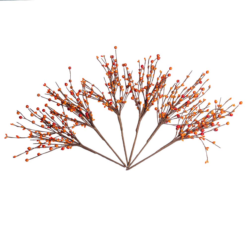JINGHONG 6 Pack Fall Faux Stems Artificial Berry Branches Orange Berry Picks for Autumn Thanksgiving Harvest Home Decor(Orange)