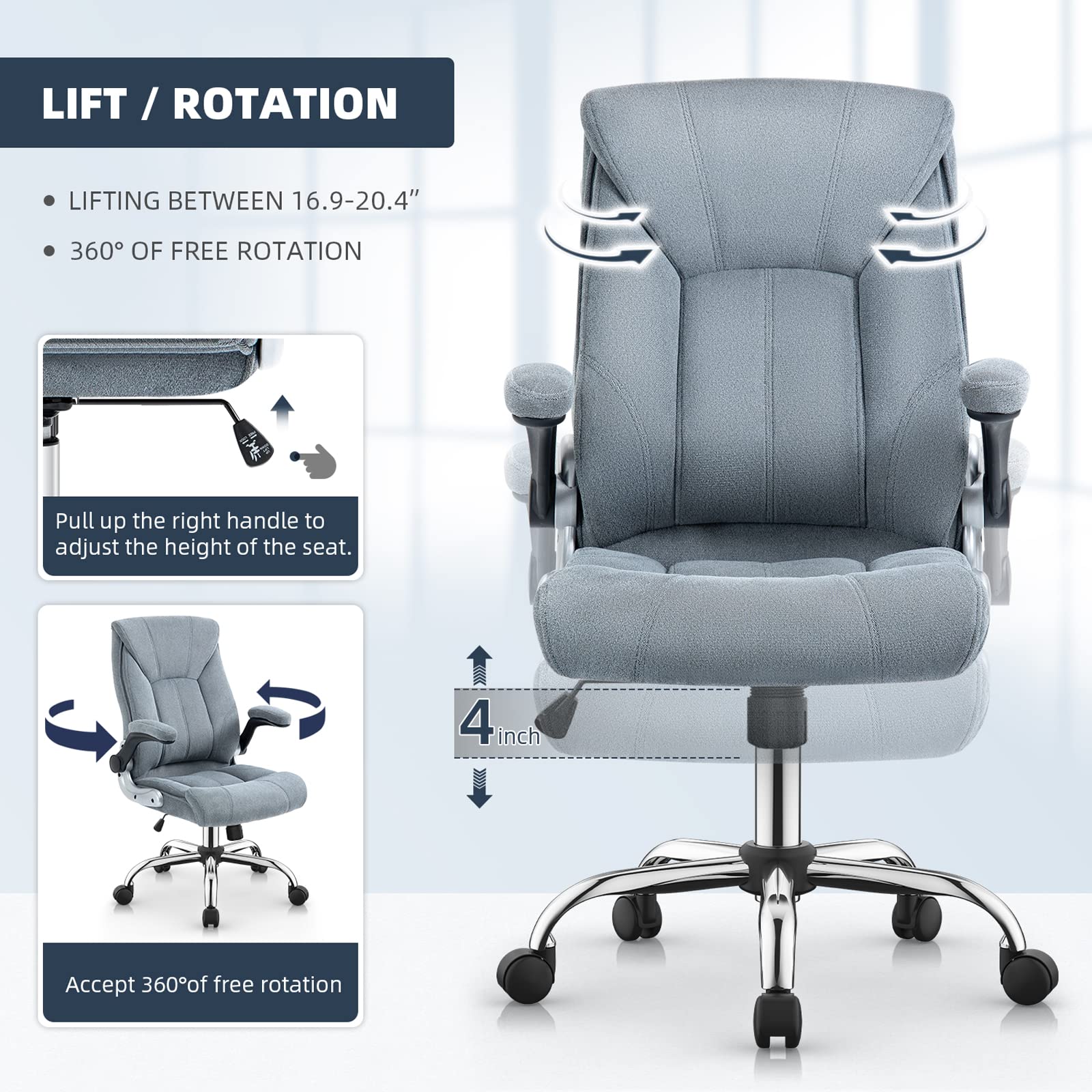 High Back Office Chair Computer Desk Chair Ergonomic Managerial Executive Chairs with Wheels and Flip-up Armrest, Gray