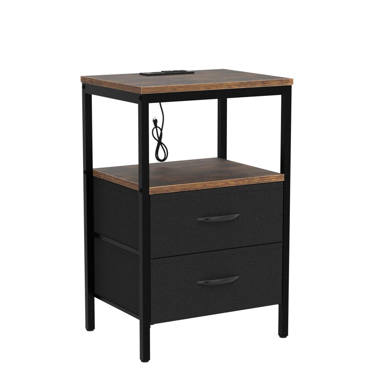Huuger Nightstands Set of 2, End Tables with Charging Station, Side Tables with Fabric Drawers, Bedside Tables with USB Ports and Outlets, Night Stands for Bedroom, Rustic Brown and Black