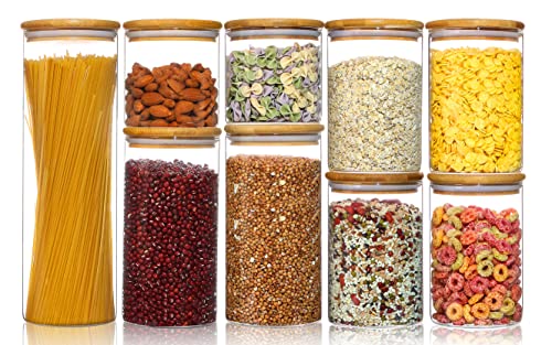 M MCIRCO Kitchen Canisters Set, 9Pcs Airtight Glass Jars with Bamboo Lids, Glass food Storage Containers for Kitchen & Pantry Organization, Cookie, Coffee, Pasta, Nuts and Spice Jars, Stackable