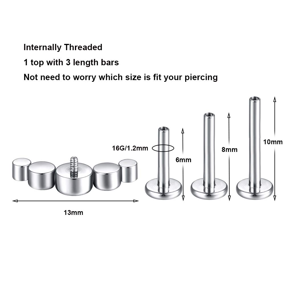 KaseStyle G23 Titanium Labret Studs 16G Internal Threaded Helix Cartilage Tragus Conch Earring Monroe Cluster Piercing Jewelry (C: 1 pcs silver)