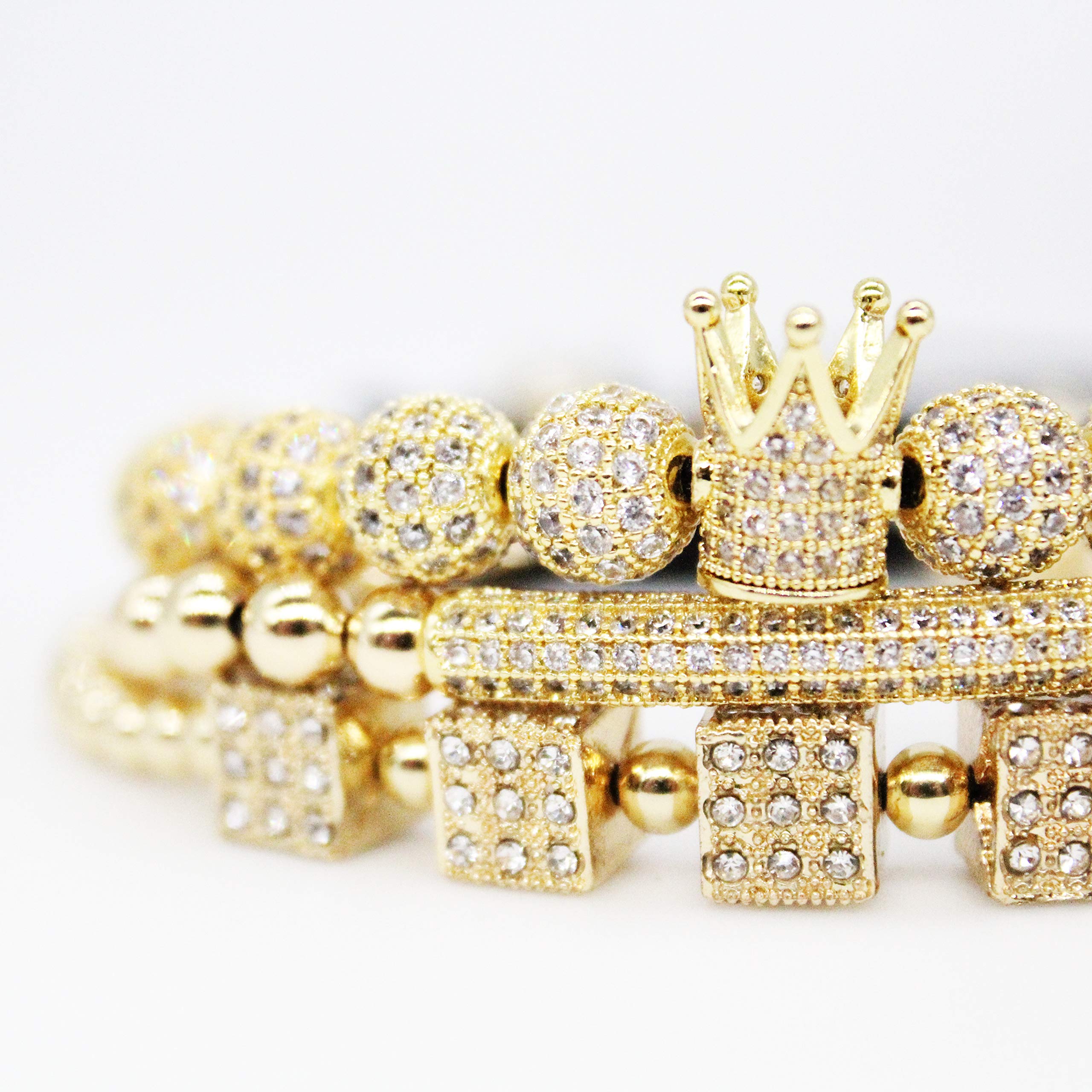 Imperial Crown King 18K Gold CZ Beads Bracelet Luxury Charm Fashion Bangle for Men Women