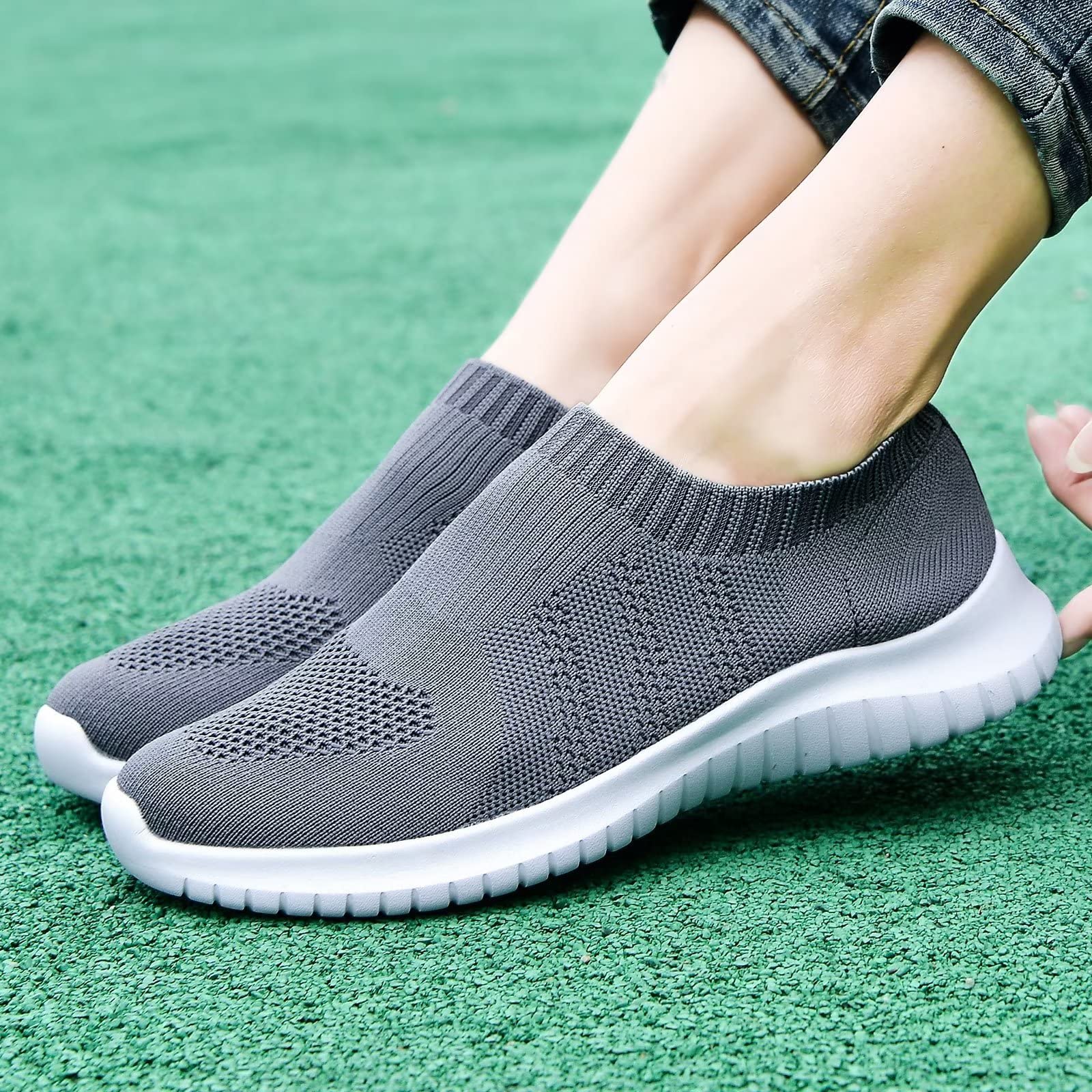 konhill Women's Walking Tennis Shoes - Lightweight Athletic Casual Gym Slip on Sneakers 8.5 Wide US A/Dark Grey,39