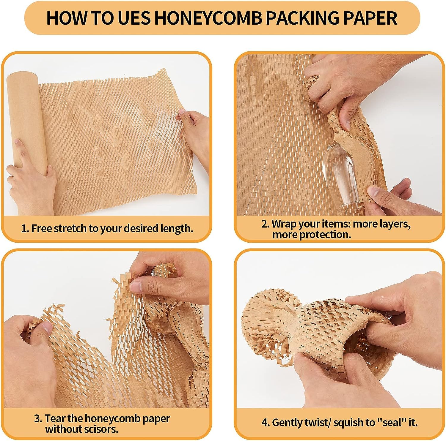Honeycomb Packing Paper, 15"x200' Honeycomb Cushioning Bubble Wrap Paper Roll for Moving Shipping Breakables Packaging Gifts with 20 Fragile Sticker Biodegradable & Fully Recyclable Brown Kraft