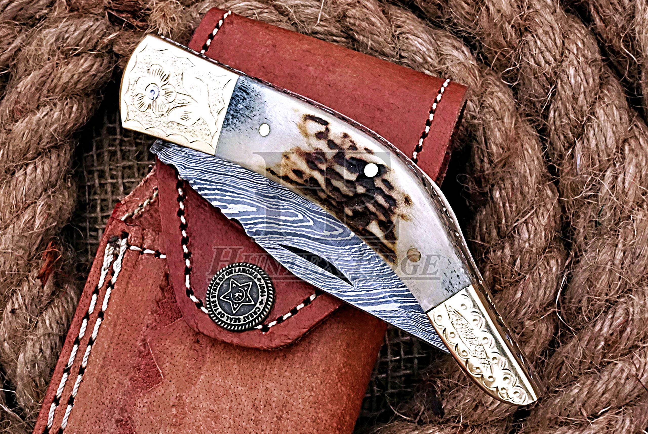 HUNTEX Custom Handmade Hand-Forged Twist Pattern Damascus Steel 3.7 Inch Long Natural Deer Antler Horn Handle Razor Sharp Hunting Camping Folding Pocket Knife with Genuine Leather Pouch