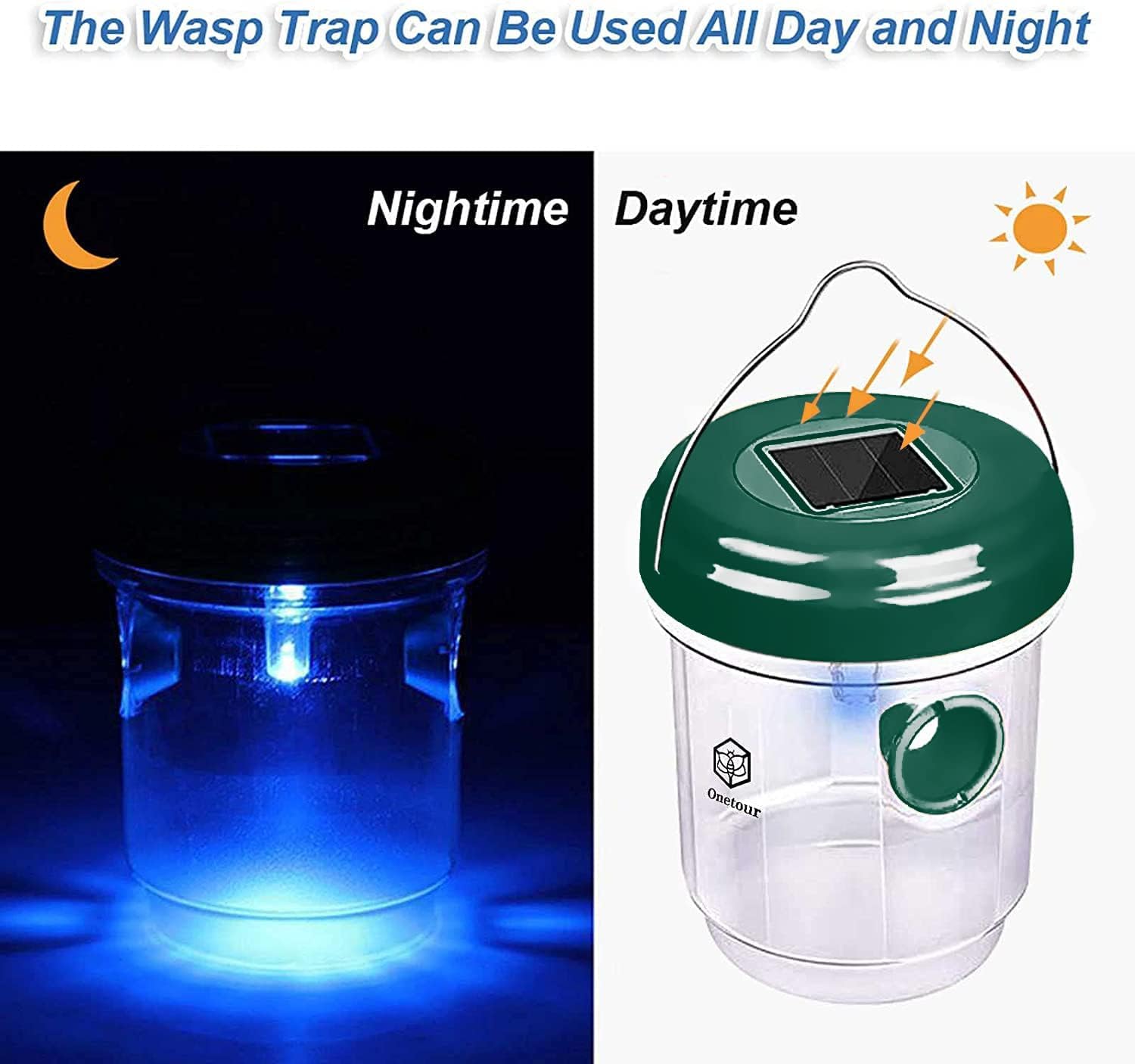 outtkitywi 2 Pack Solar Wasp Traps, Solar Powered Wasp Killer Hanging with UV LED Light, Reusable Bee Trap Catcher Outdoor for Hornets, Yellow Jackets