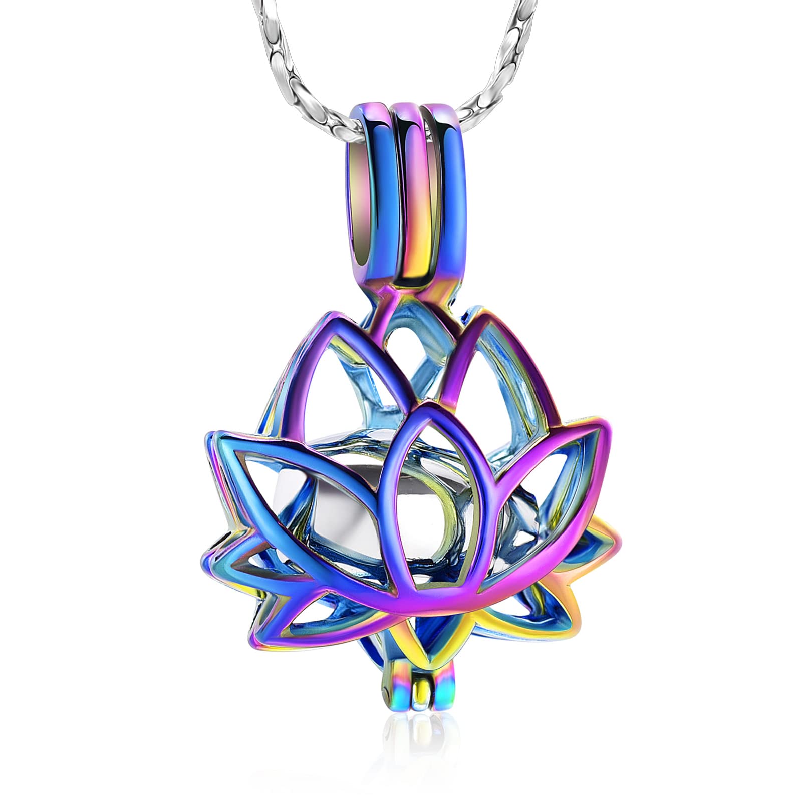 Imrsanl Cremation Jewelry for Ashes - Lotus Flower Ashes Pendant Necklace with Mini Keepsake Urn Memorial Ash Jewelry (Colorful-Silver)