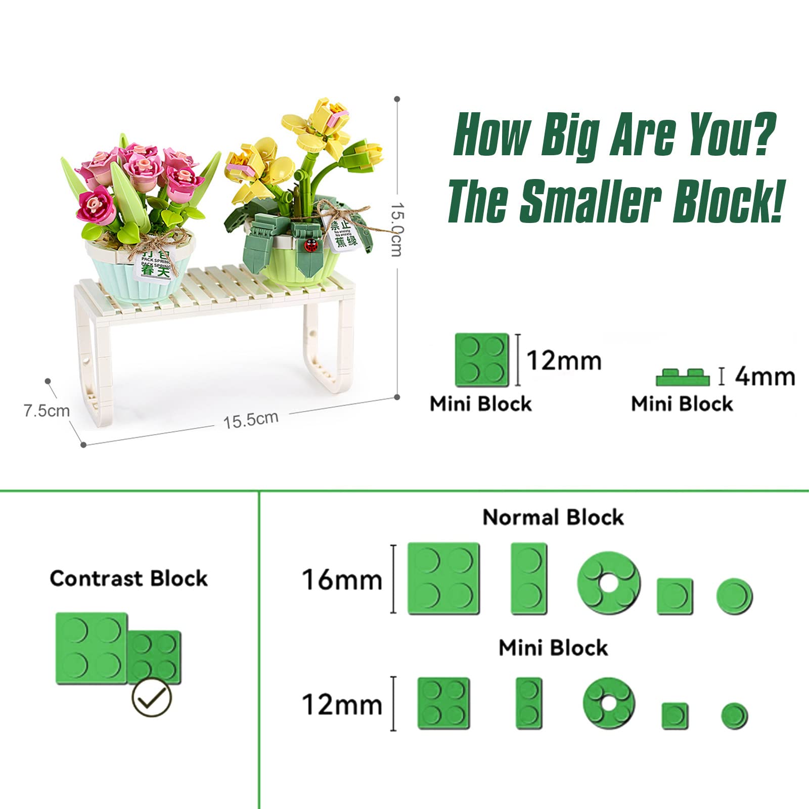 MEIEST Mini Building Blocks Bonsai Plant Model Set,2 in 1 Creative DIY Simulation Particle Flower Succulent Botanical Collection Construction Building Bricks Toy for Kids Adult Home Decor (Spring)