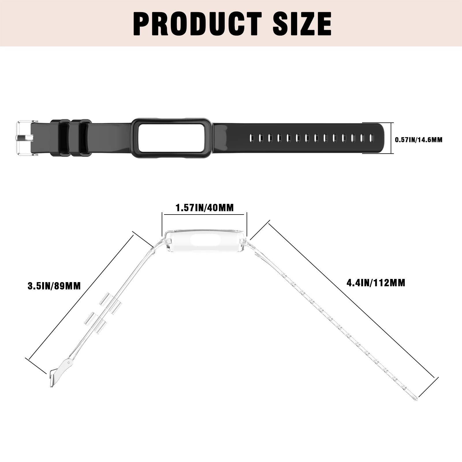 Kakurookie 2 Pack Compatible with Fitbit Luxe/Inspire/Inspire HR/Inspire 2/Ace 2/Ace 3 Bands with Case Shockproof Rugged Band Strap with Protective Bumper Case Men Women (Clear + Black)