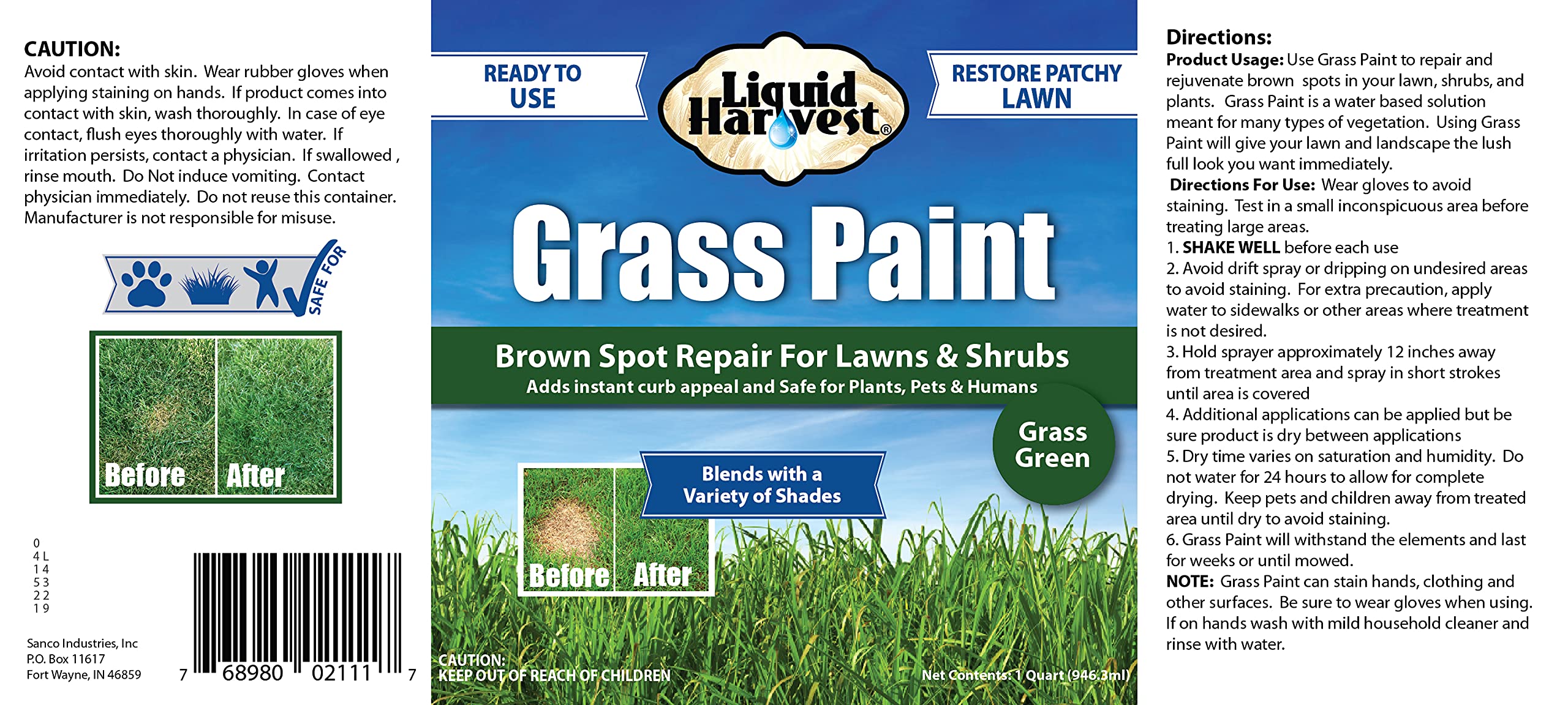 Liquid Harvest Grass Paint, 32oz Ready to Use Packaging and Formulation Designed to Cover Dog Urine Spots, Enhance Patchy, Dormant or Yellowing Grasses
