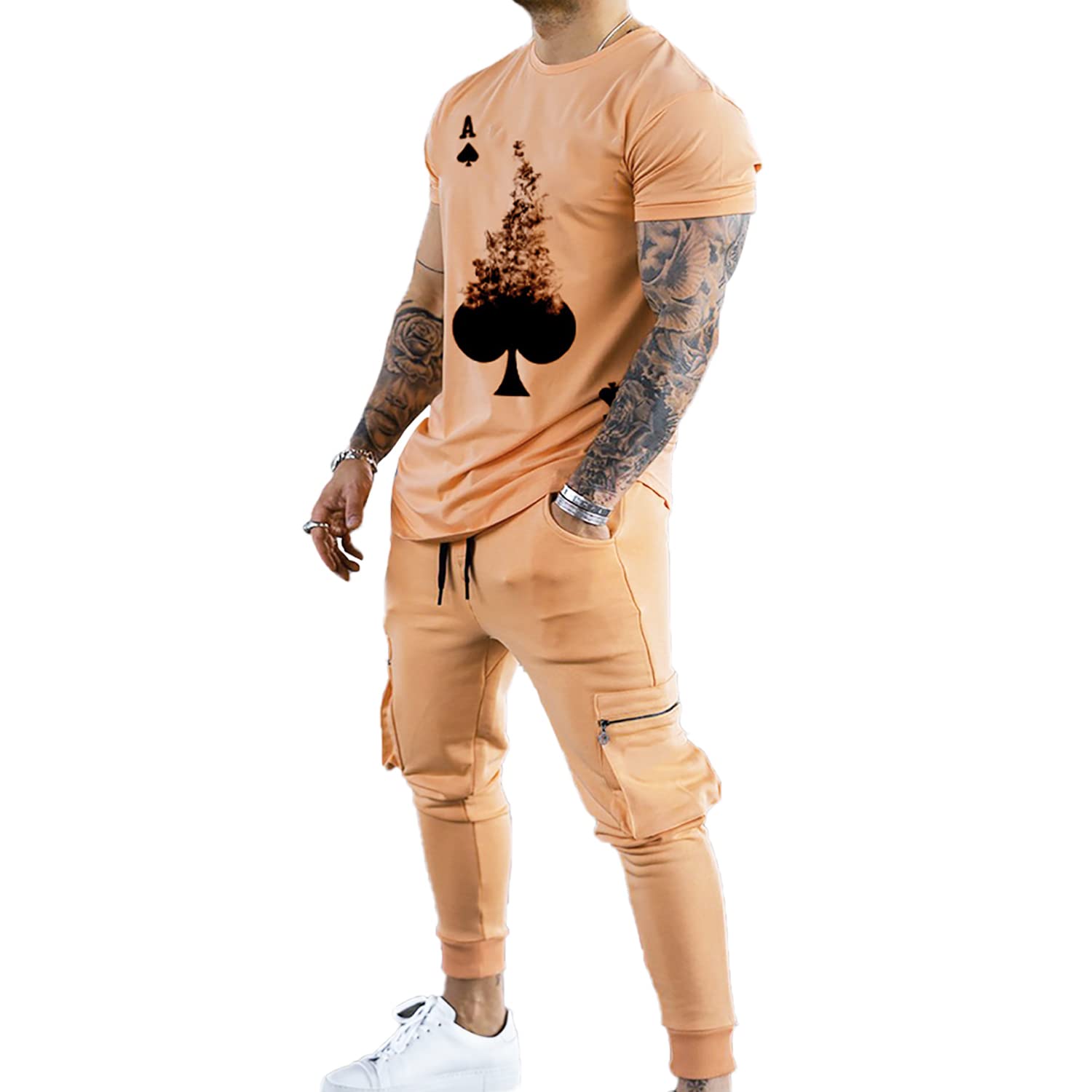 Men's Tracksuits 2 Piece Outfit Casual Short Sleeve Sweat Suit Running, Exercise (Orange, L) …