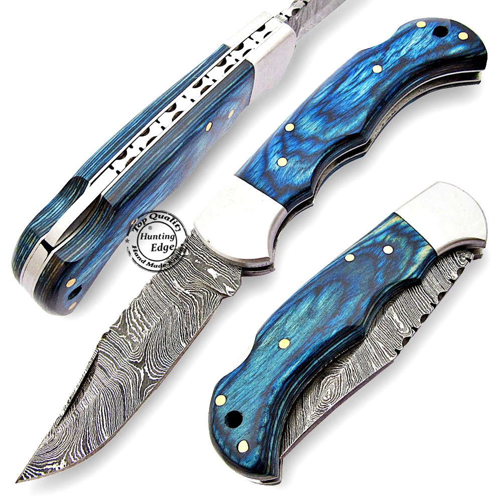Hunting Edge Blue Wood 6.5'' 100% Handmade Damascus Steel Folding Pocket Knife 100% Prime Quality