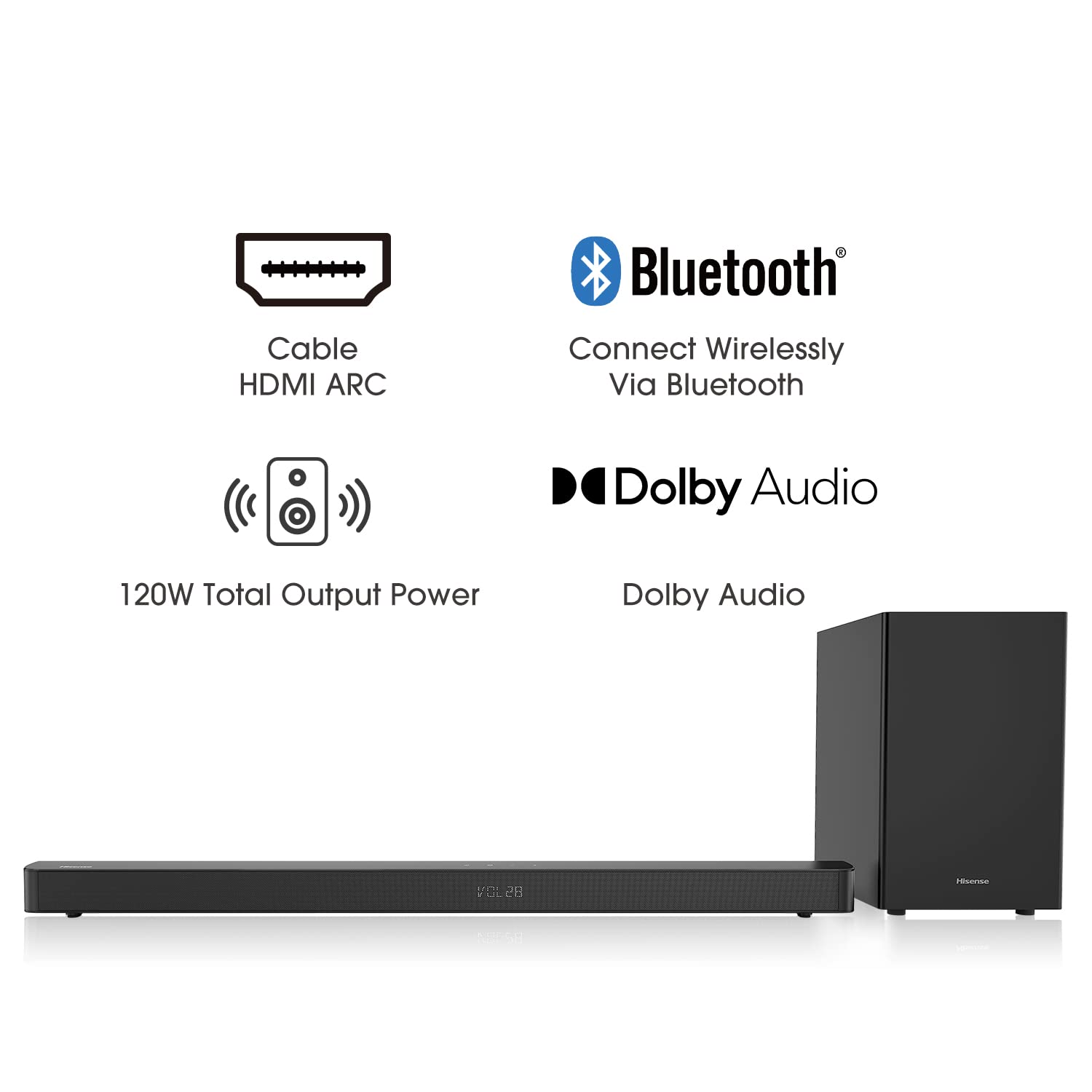 Hisense HS212F 2.1ch Sound Bar with Wireless Subwoofer, 120W, Pure Surround, Ezplay Support, Roku TV Ready, Bluetooth, HDMI ARC/Optical/AUX/USB, 3 EQ Modes, Black (Renewed)