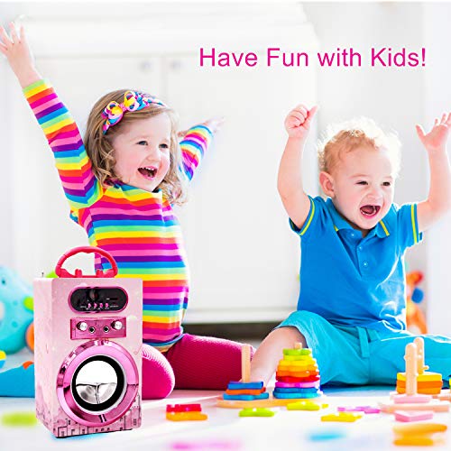 IndeCool Kids Bluetooth Karaoke Machine with 2 Microphones, Remote Control Wireless Karaoke Speaker Portable Karaoke Machine Music MP3 Player for Kids Adult Party Gift (Pink)