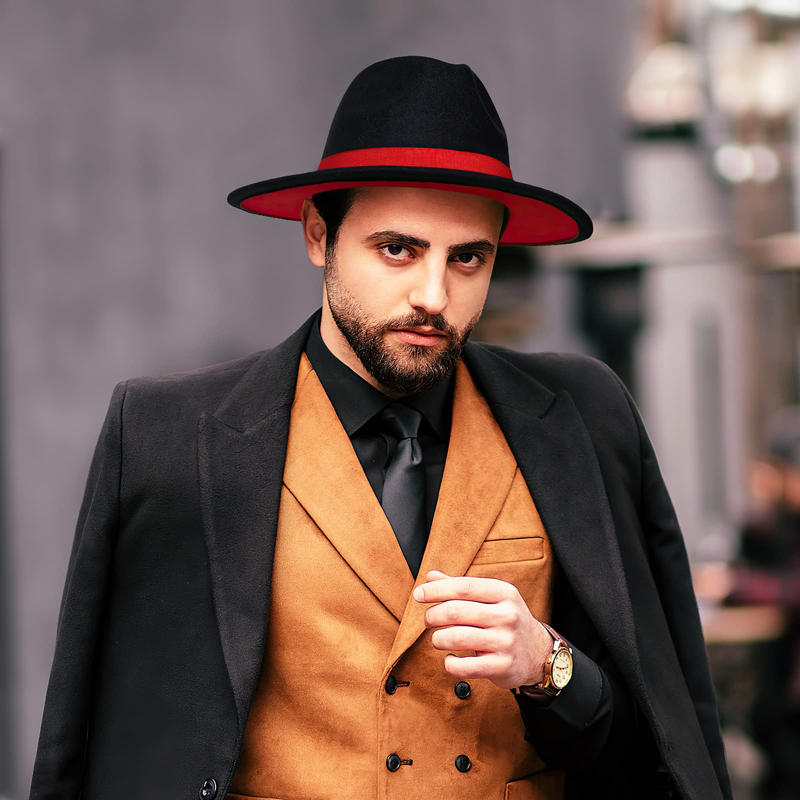 Kalerona Black Fedora Hats for Men with Red Band and Bottom Wide Brim Two Tone Hats