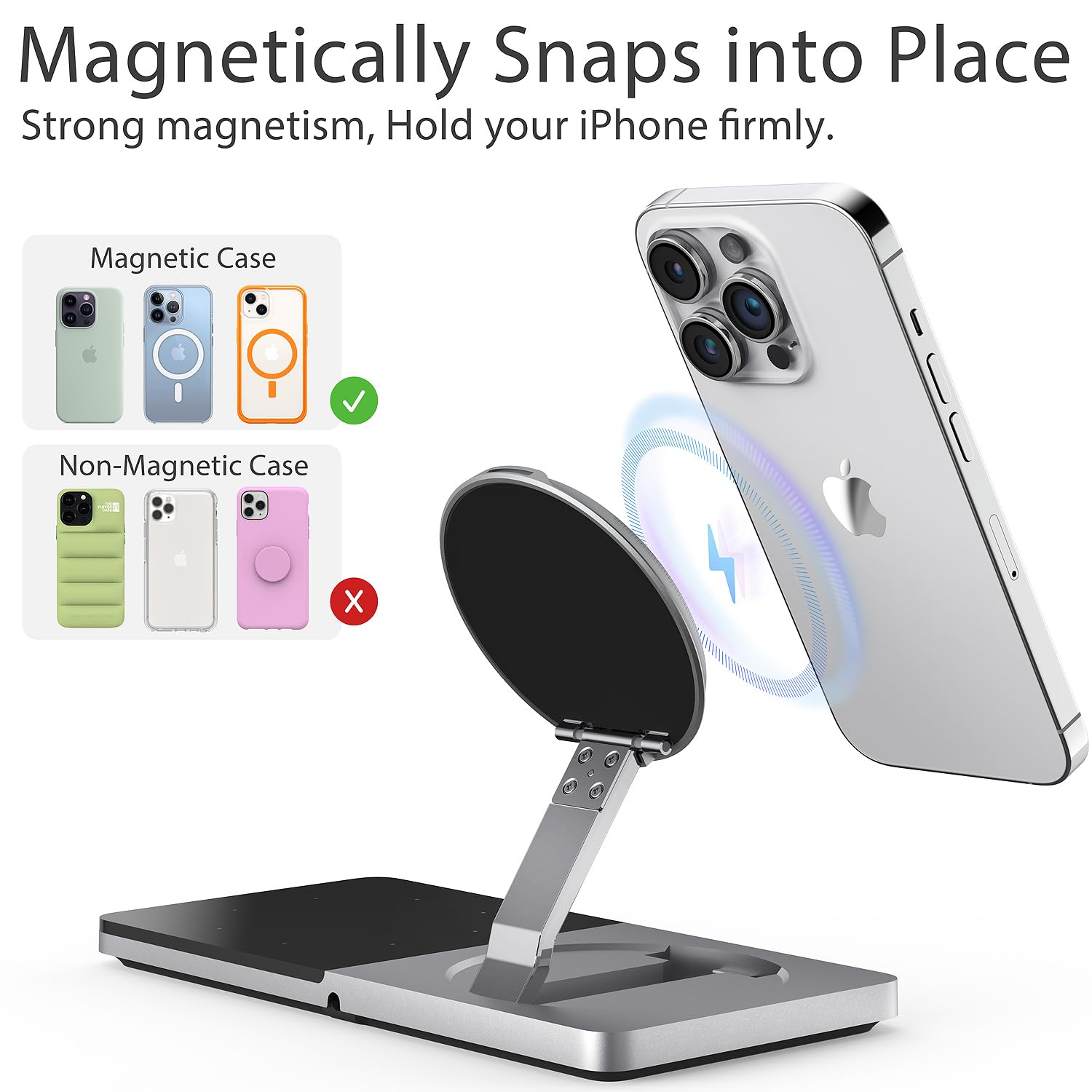 Mag-Safe Charger Stand for iPhone, Wireless Charger Stand for Apple Products, 2 in 1 Magnetic Charging Station for iPhone 15/14/13/12 Series, Airpods 3/2/Pro with Adapter (Sliver)