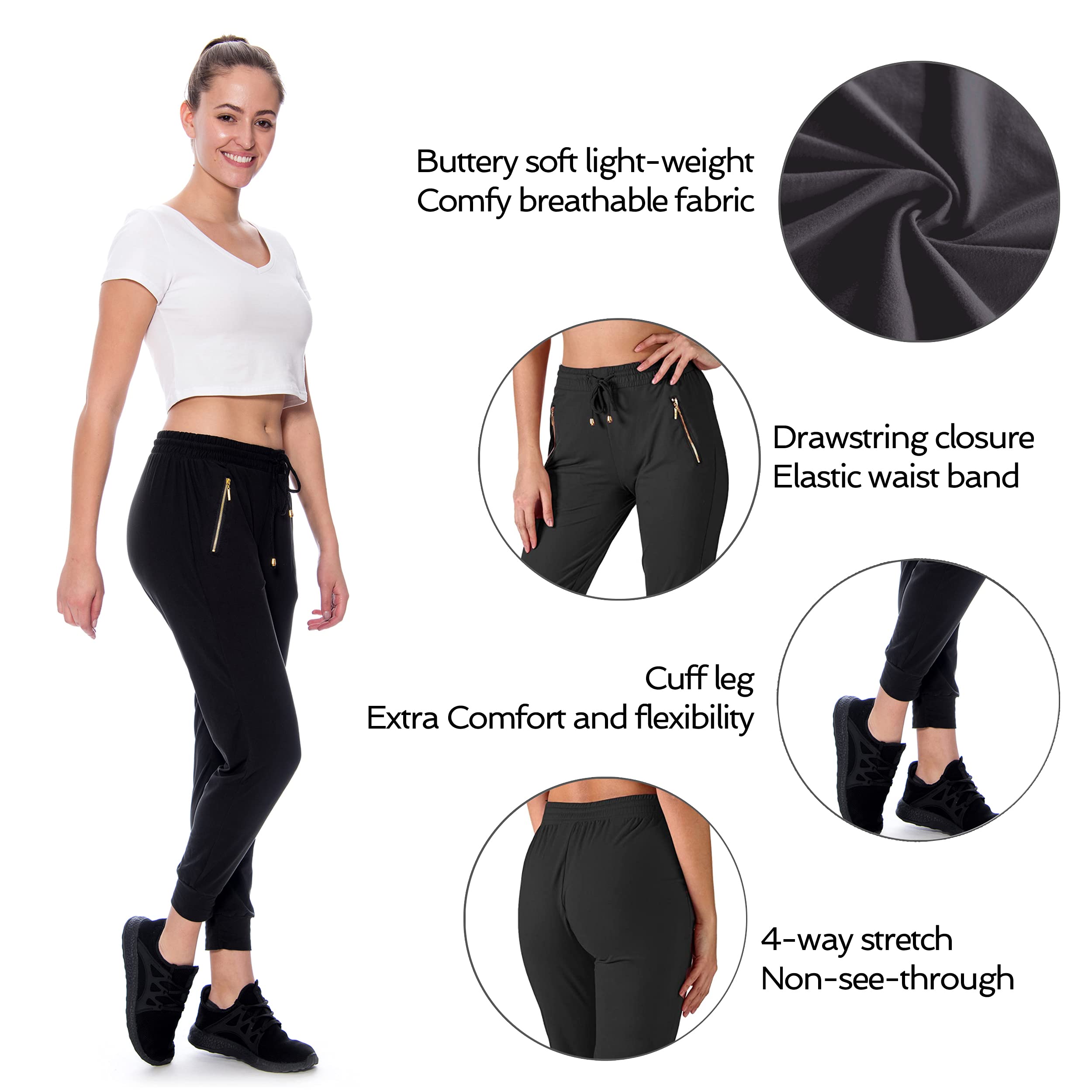 Indero Women's and Junior's Ultra Soft Active Joggers with Side Pocket Gold Zipper Relaxed Fit Sweatpants - Black S M