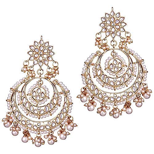 I Jewels Gold Plated Indian Wedding Bollywood Chandbali Kundan & Pearl Earrings for Women (E7077W)
