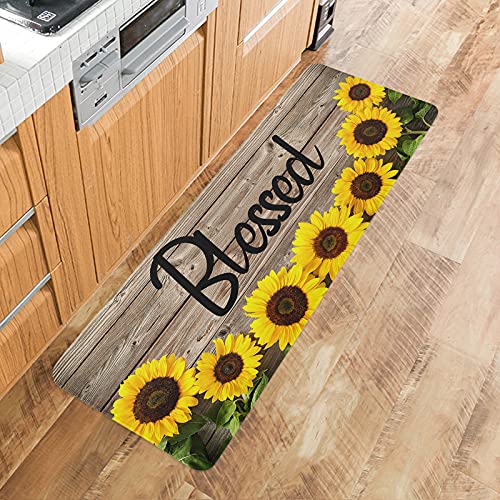 Kitchen Rug and Mat Set Farm Floral on Vintage Wooden Planks,Non-Slip Doormats Comfort Durable Floor Runner,Positive Energy Text Blessed with Sunflowers Washable Standing Carpet for Living Room