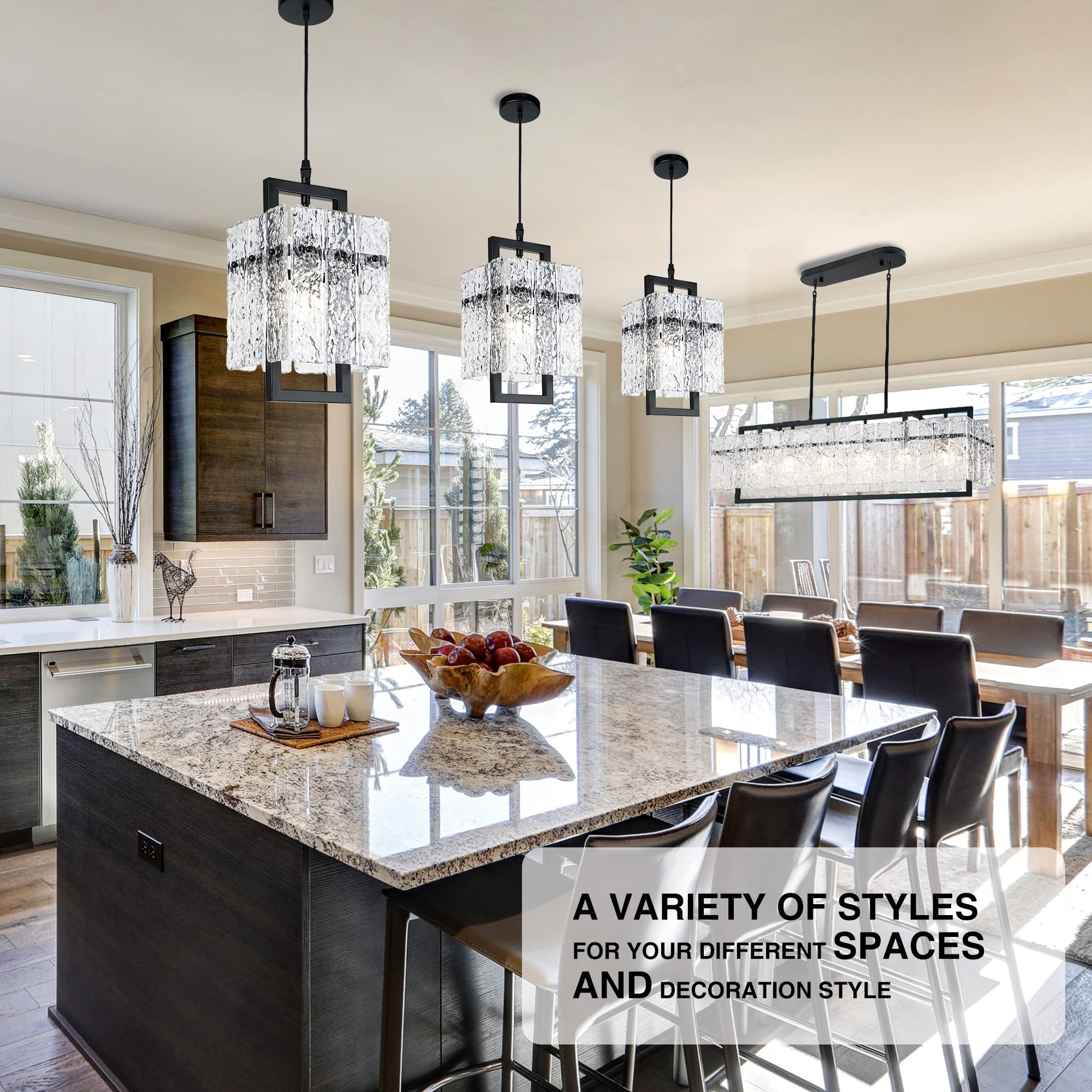 IKK Black Crystal Pendant Light for Kitchen Island, Luxury Water Ripple Glass Chandelier Lights Fixture, Modern Elegant Adjustable Pendant Lighting for Dining Room Bedroom, E12 Bulb, L6.5'' x H11.8''