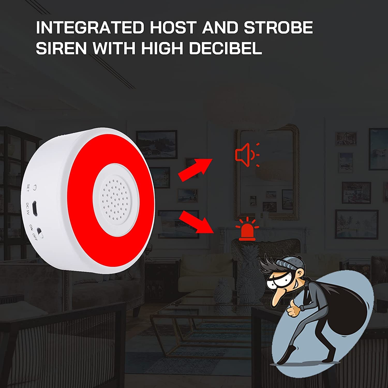 OUVOPO Indoor Siren Alarm with Strobe alerts, Smart Siren, Support USB Charge and with Back up Battery