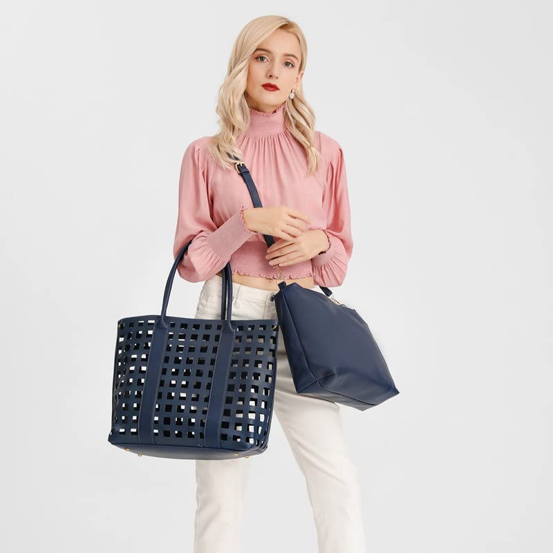 LMKIDS Handbags for Women Genuine Leather Shoulder Handbags Large Hobo Tote Bag Set 2pcs (Blue)