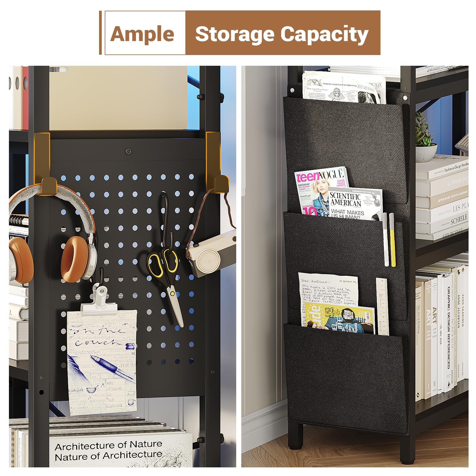 Itaar 5-Tier Book Shelf, Reversible 70.8" W Bookcase Storage Shelves or Corner Bookshelf, Bookshelf with LED Light, 2 Pegboards, Storage Bag & 4 Hooks for Bedroom, Black