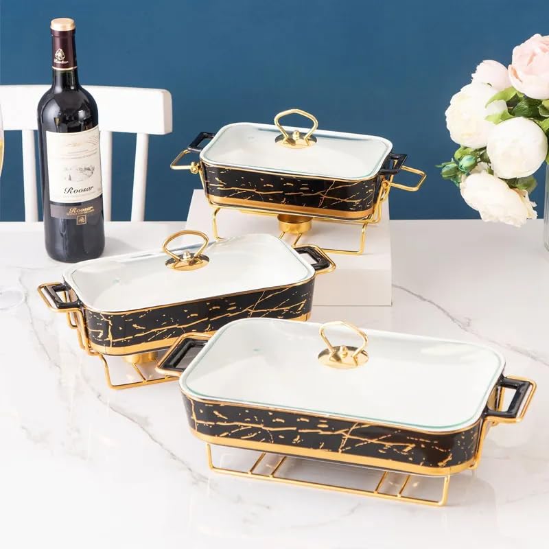 HONHPD Ceramics Chafing Dish Buffet Set, Marble Finish Chafing Dish, Rectangular Chafers for Buffet/Weddings/Parties/Banquets/Catering Events, Black (3 Piece Set)