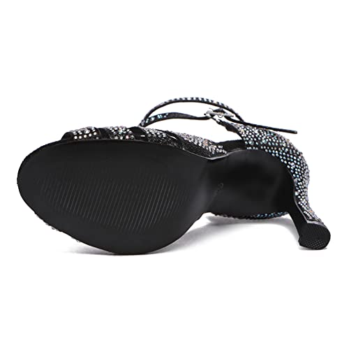 JUODVMP Women's Ballroom Dance Shoes Black T-strap Latin Dance Shoes with Rhinestones 4 inch Heel,8 US