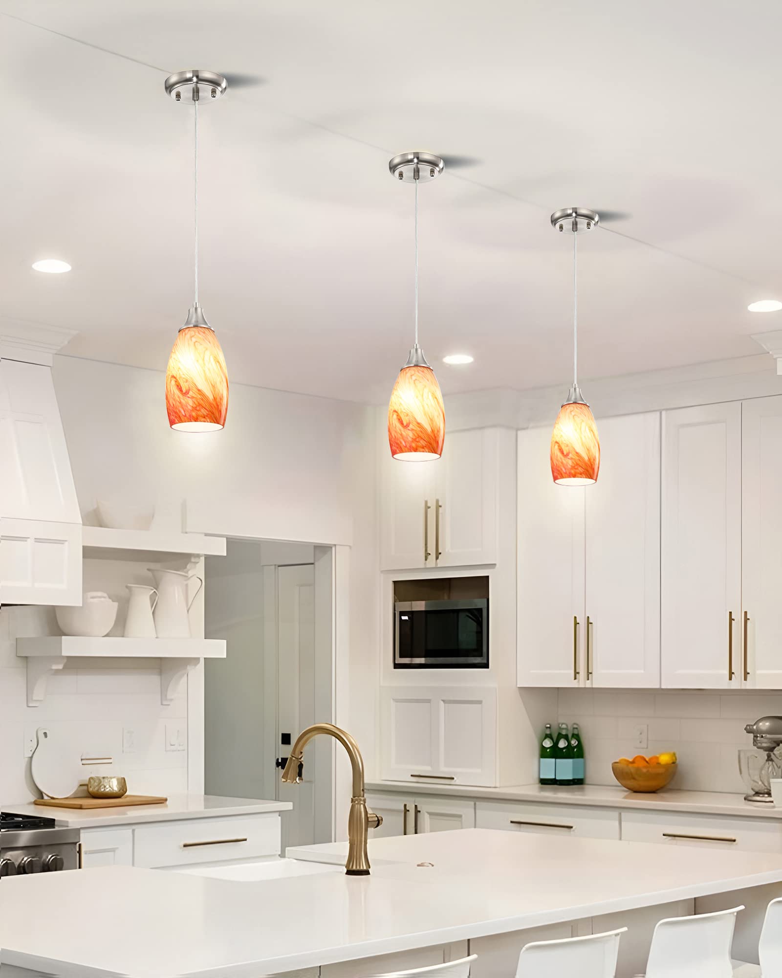 karyfine Art Glass Mini Pendant Lights Kitchen Island Marble Glass Pendant Light Shade with Brushed Nickel Finish Ceiling Hanging Lights for Kitchen Over Sink,Dining/Living Room Red Marble-1Pack
