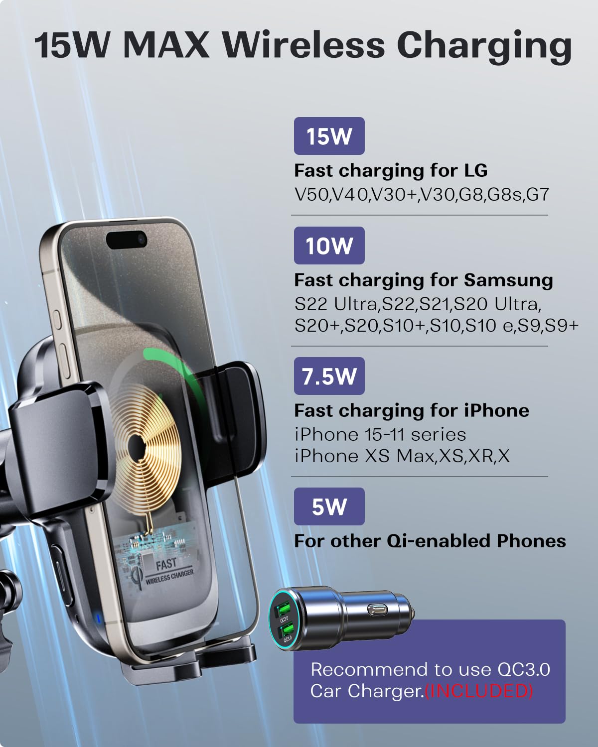 KPON Car Phone Holder Wireless Charger, Auto Clamping Wireless Car Charger Mount 15W/10W/7.5W for Dashboard, Automatic Air Vent Windshield Mount for iPhone 15 14 13 12 11/Samsung/LG/Google Pixel