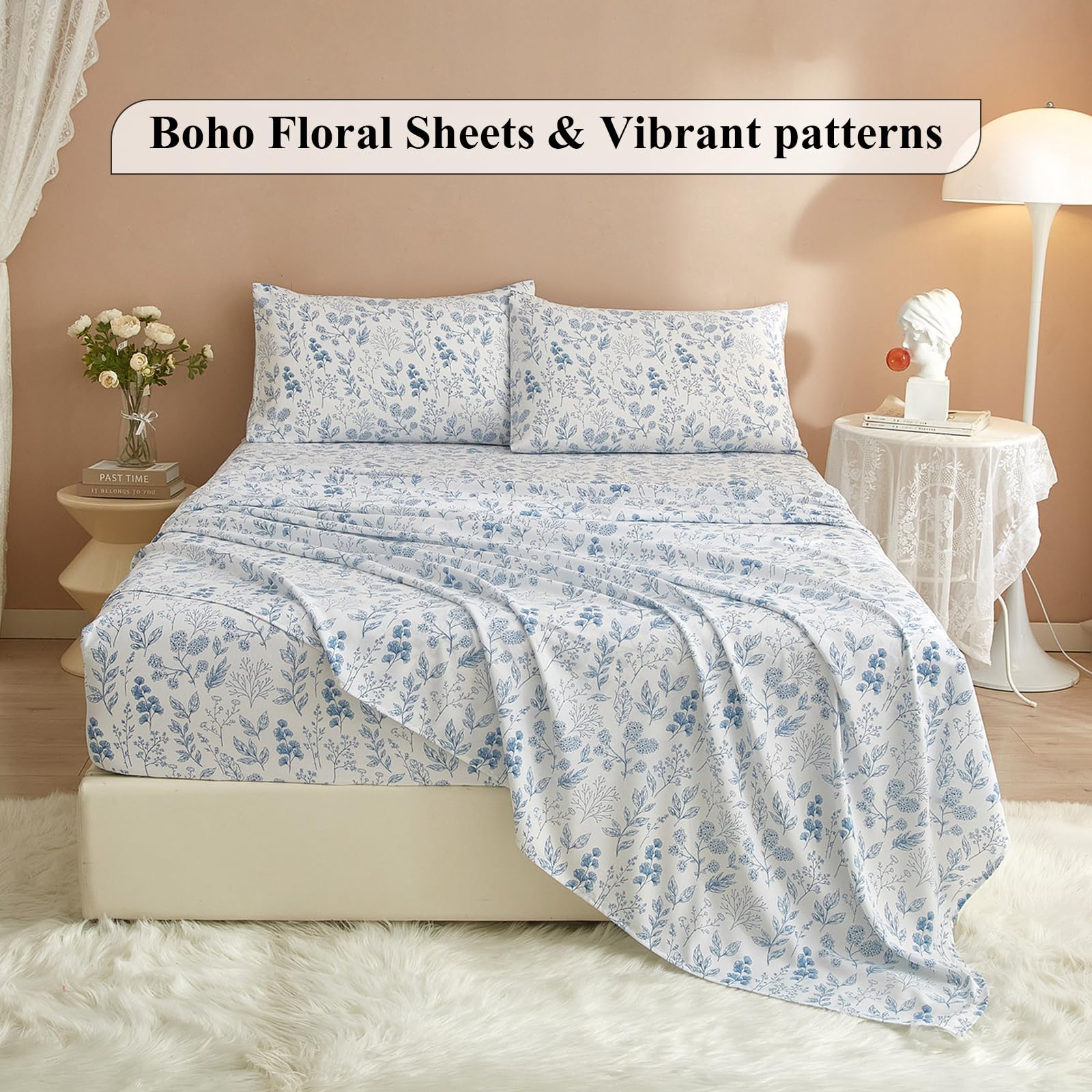 HighBuy Blue Floral King Sheets Set 4 Piece Cooling Bedding Sheet Set - Soft White Deep Pocket 16" - Easy Soft Fitted Sheet King Boho Floral,Flat Sheet,2 Pillowcases Set,Wrinkle Resistant