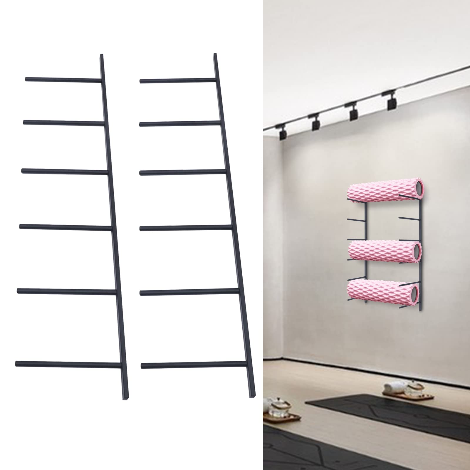 LOYALHEARTDY Multilayer Yoga Mat Storage Rack Wall Mounted Foam Roller Storage Rack Metal Large Capacity Mat Display Rack for Install Yoga Strap Yoga Accessories Resistance Bands
