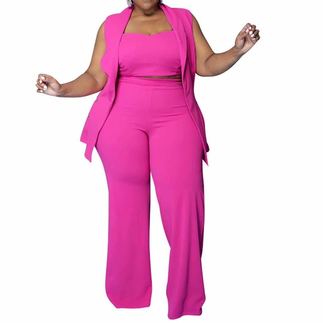 IyMoo Plus Size 3 Piece Sweatsuits for Women - Sleeveless Blazer,Tank Crop Top and Wide Leg Pants Set Rose Red 2X