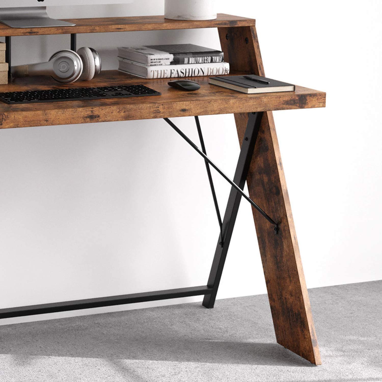 IRONCK Industrial Computer Desk 47", Office Desk with Monitor Shelf, with Thicker Tabletop and Diagonal Wood Legs, Studying Writing Table for Home Office