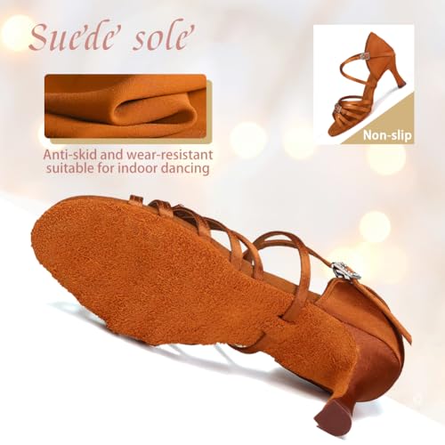 JUODVMP Women's Latin Dance Shoes Brown Satin Open Toe 3 inch Heel Ballroom Salsa Dance Sandals with Suede Sole,7.5US