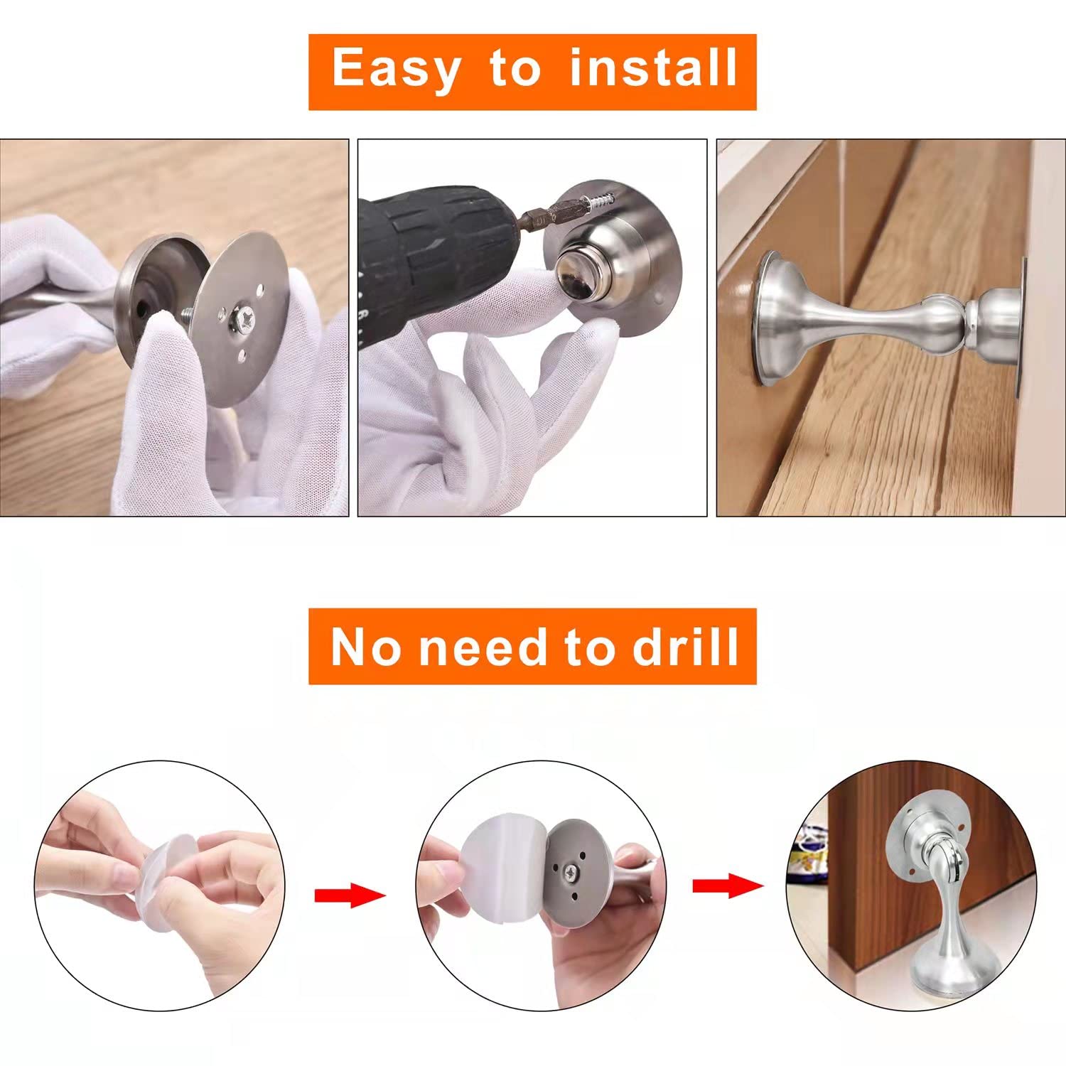 Magnetic Door Stop Brushed Nickel Magnetic Door Stopper Magnet Door Stops with Double-Sided Adhesive Tape No Drilling Wall Mount Door Stop for Keep Your Door Open 4 Pack