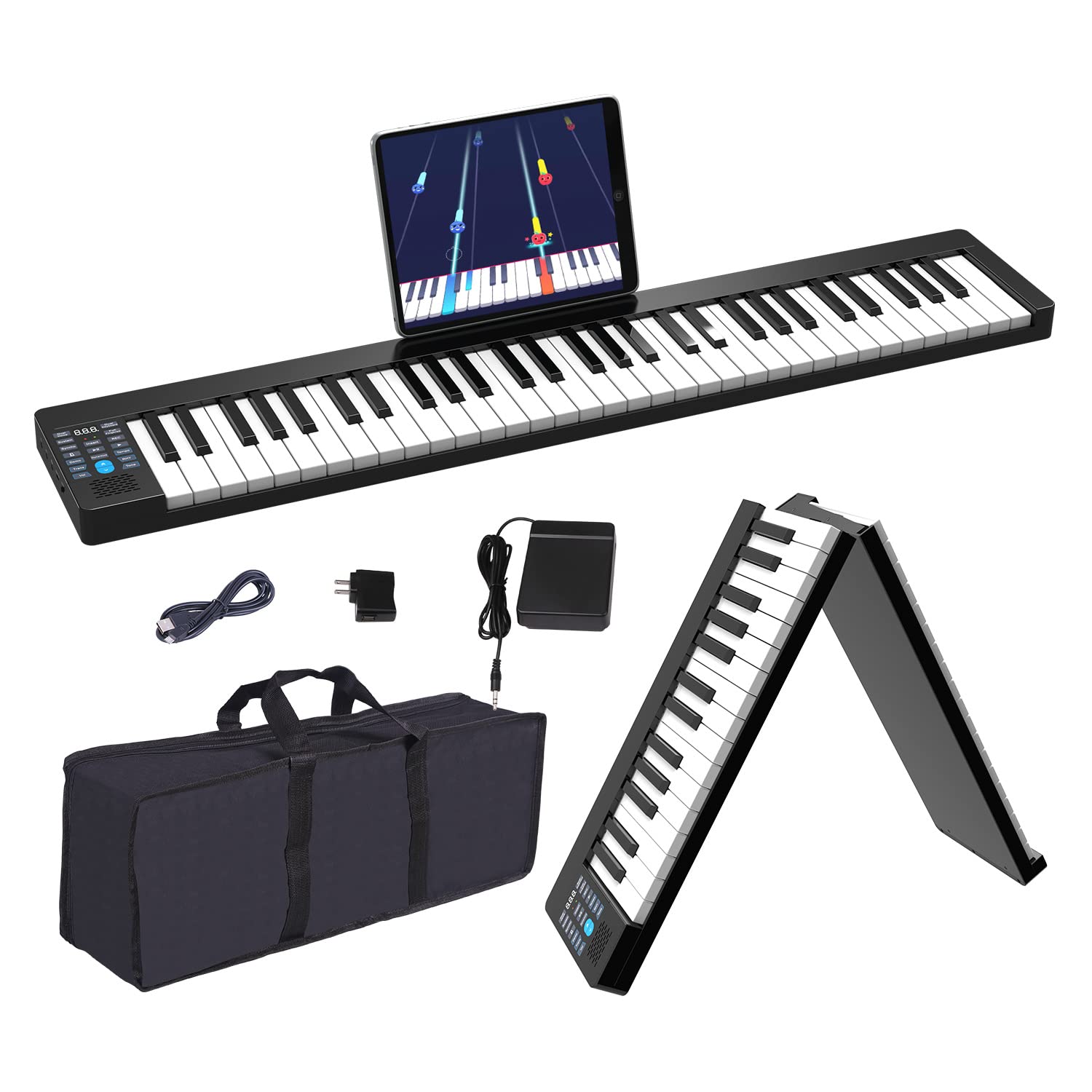 KONIX 61 Key Folding Piano Keyboard, Portable Touch Sensitive Foldable Keyboard Piano for Beginners Kids with MIDI, Speakers and Piano Bag