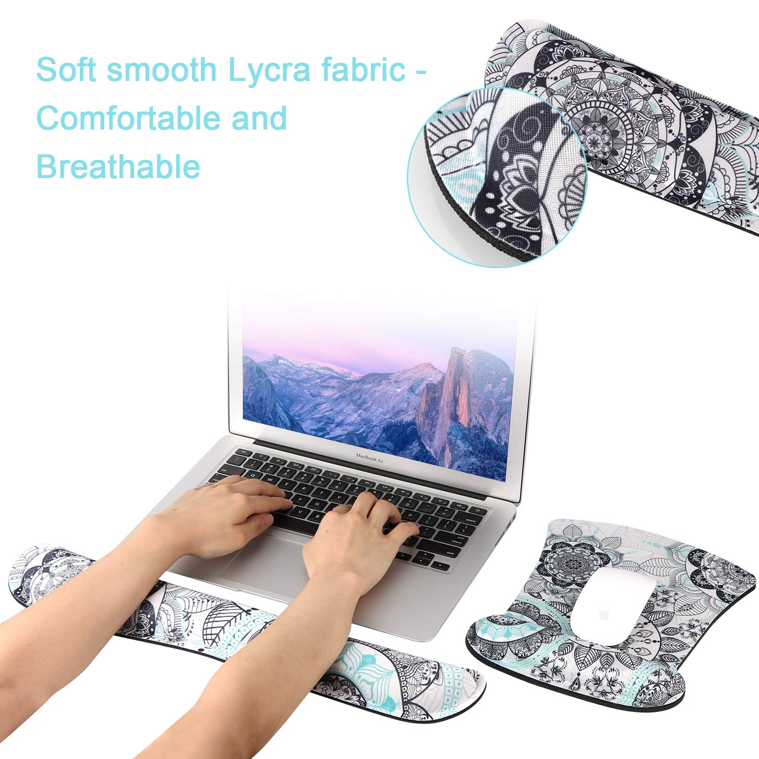 iLeadon Keyboard Wrist Rest Pad and Mouse Pad Wrist Support, Non Slip Rubber Base Mousepad Set, Wrist Support with Ergonomic Raised Memory Foam for Easy Typing & Pain Relief, Mandala Flowers