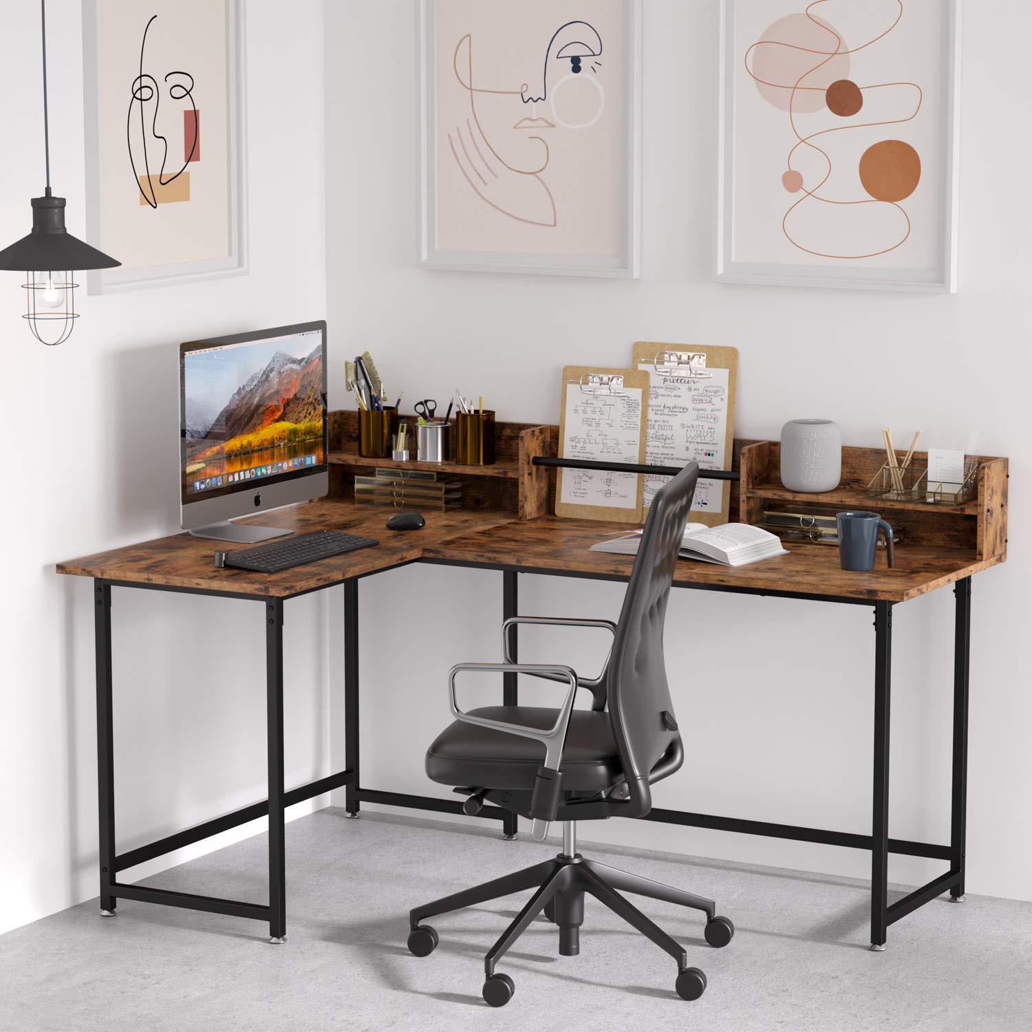 IRONCK L Shaped Desk Computer Corner Table 65.3", Large Home Office Desk, Study Writing Workstation with Bookshelf Hutch, Space-Saving, Easy to Assemble, Rustic Brown