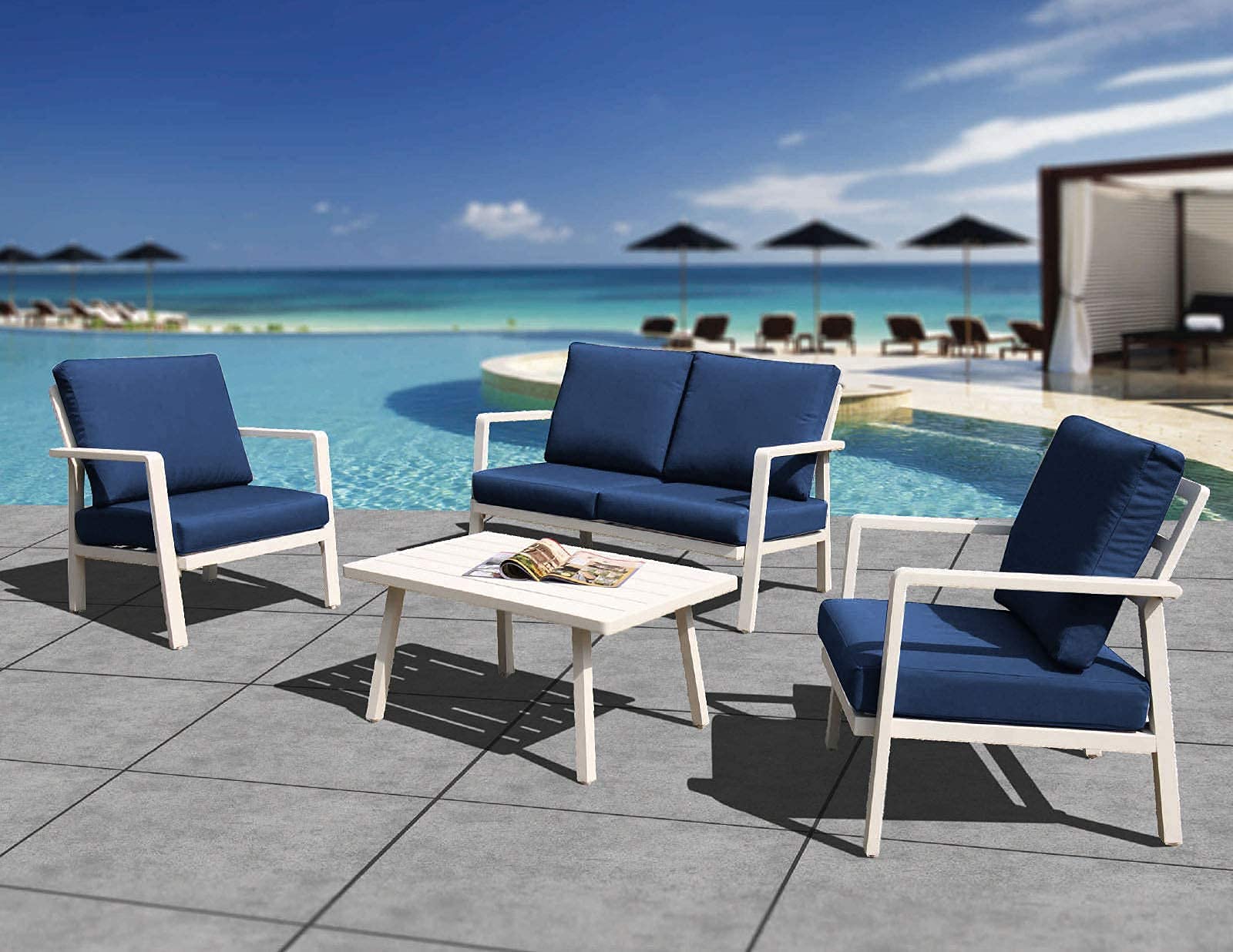HL 4 Piece Patio Outdoor Furniture Sets Aluminum Frame Cushioned Conversation Set with Coffee Table, Modern Chat Set for Home and Backyard (Blue)