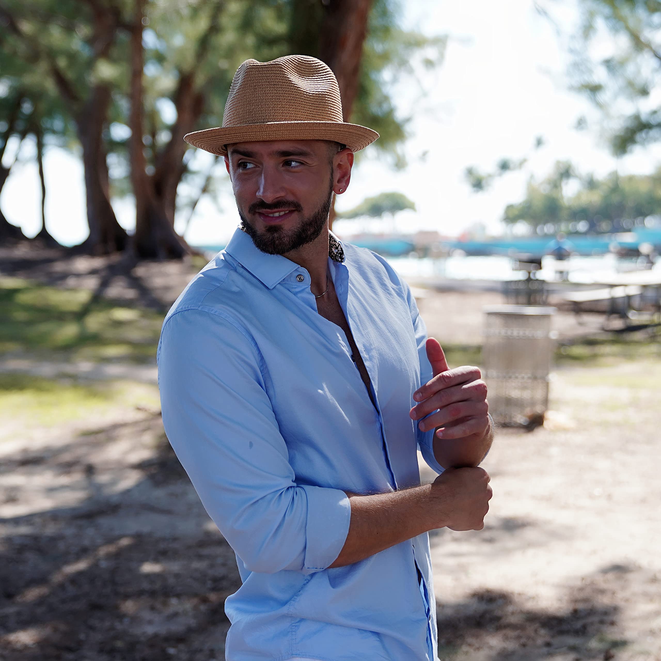 Lanzom Men Women Straw Foldable Roll up Hat Fine Braid Fedora Summer Beach Sun Hat (B-Khaki, Large)