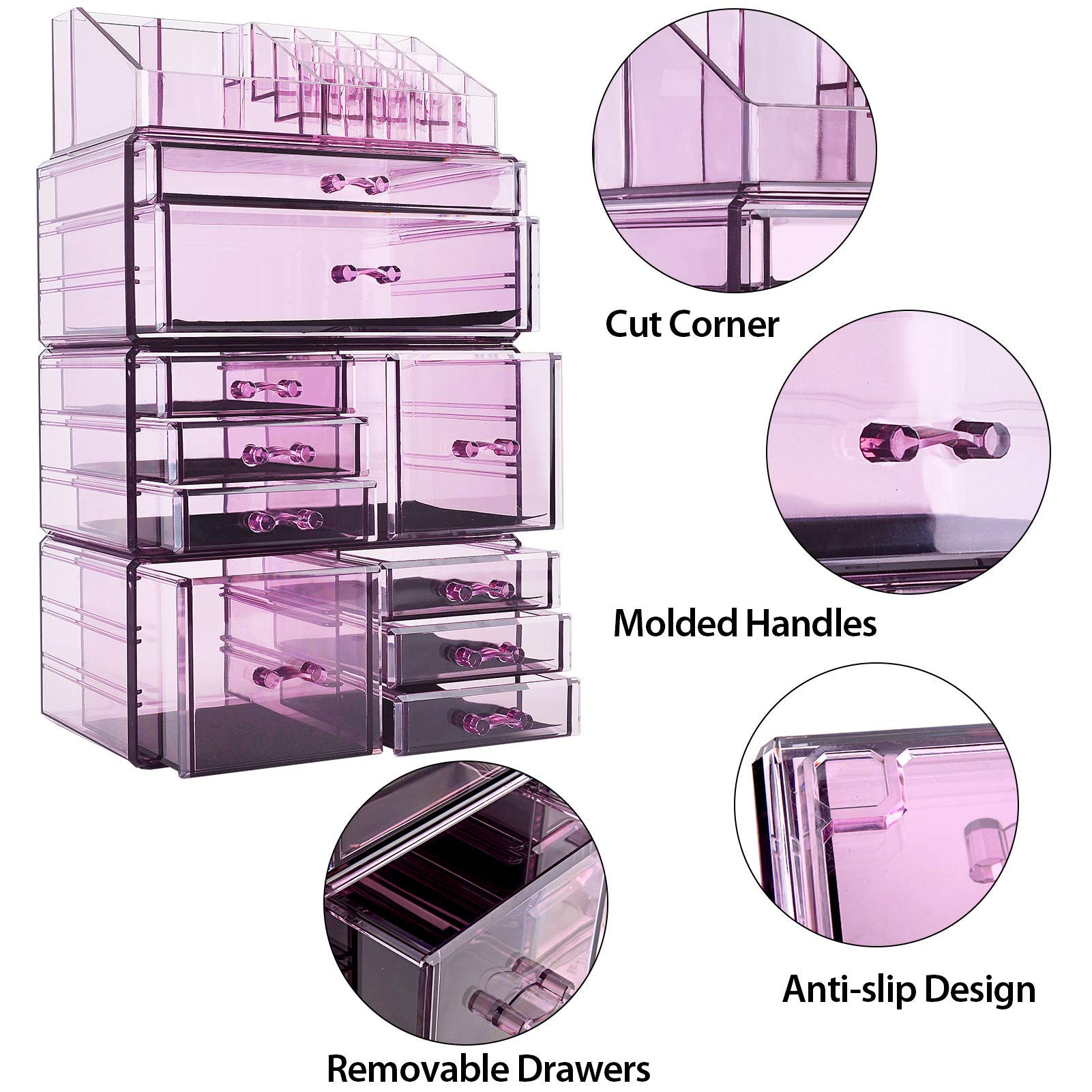 InnSweet Makeup Organizer Large Cosmetic Storage Drawers and Jewelry Display Box for Vanity, Makeup Holder with 10 Drawers, Purple