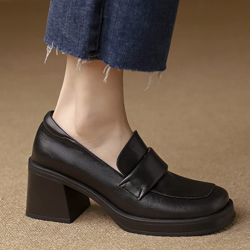 Leisure Women Artificial Leather Solid Color Autumn Thick Sole Square Heels Slip On Mens Slip on Winter Shoes Casual Black