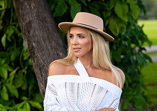 Lanzom Women Retro Felt Panama Hat with Belt Buckle Wool Wide Brim Fedora Hat (A-Oatmeal, Medium)