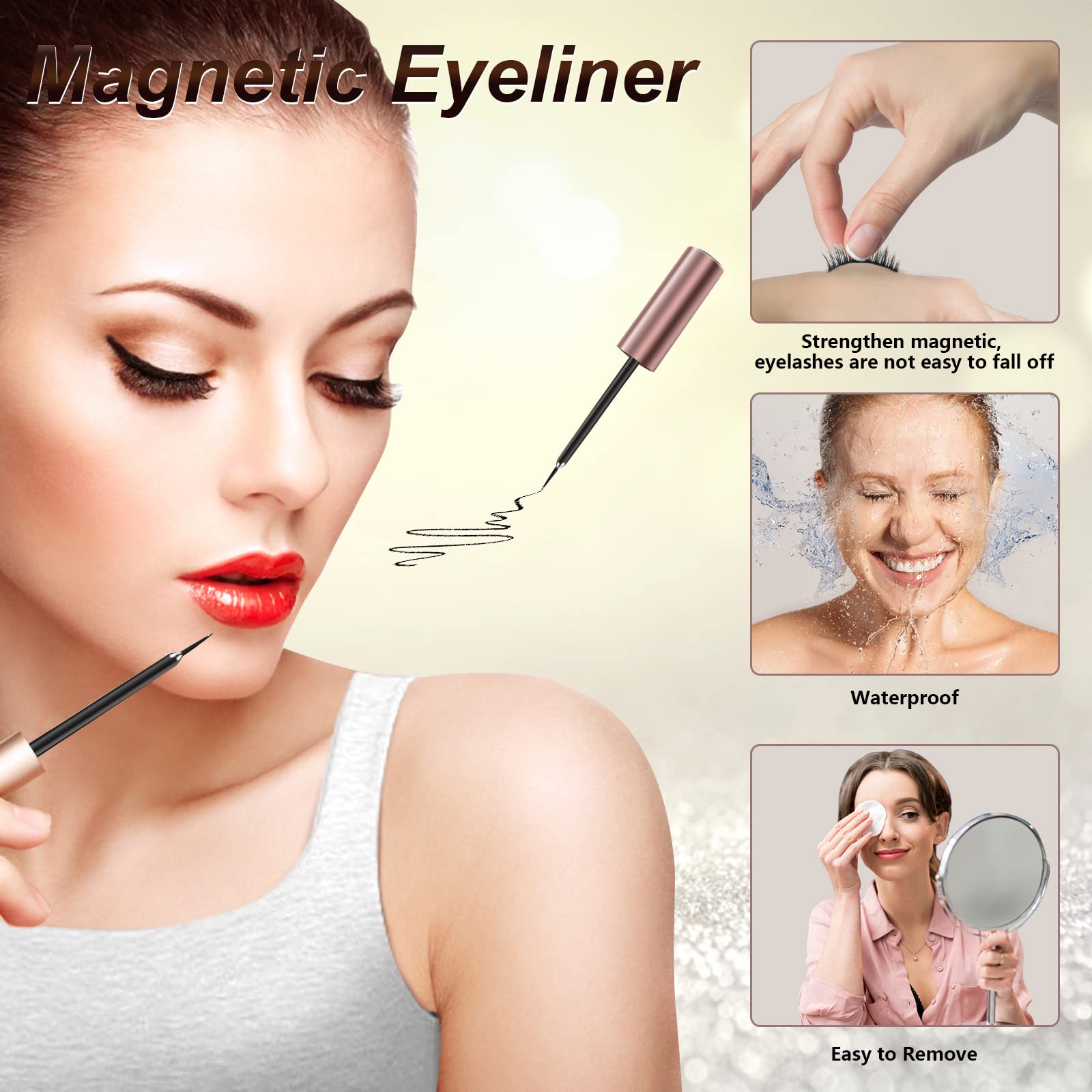 Magnetic Eyelashes Kit, Magnetic Lashes Natural Look, 3D Reusable Magnetic Eyelashes with Eyeliner, False Eyelashes with 2 Tubes of Eyeliner & Tweezers - Easy to Use