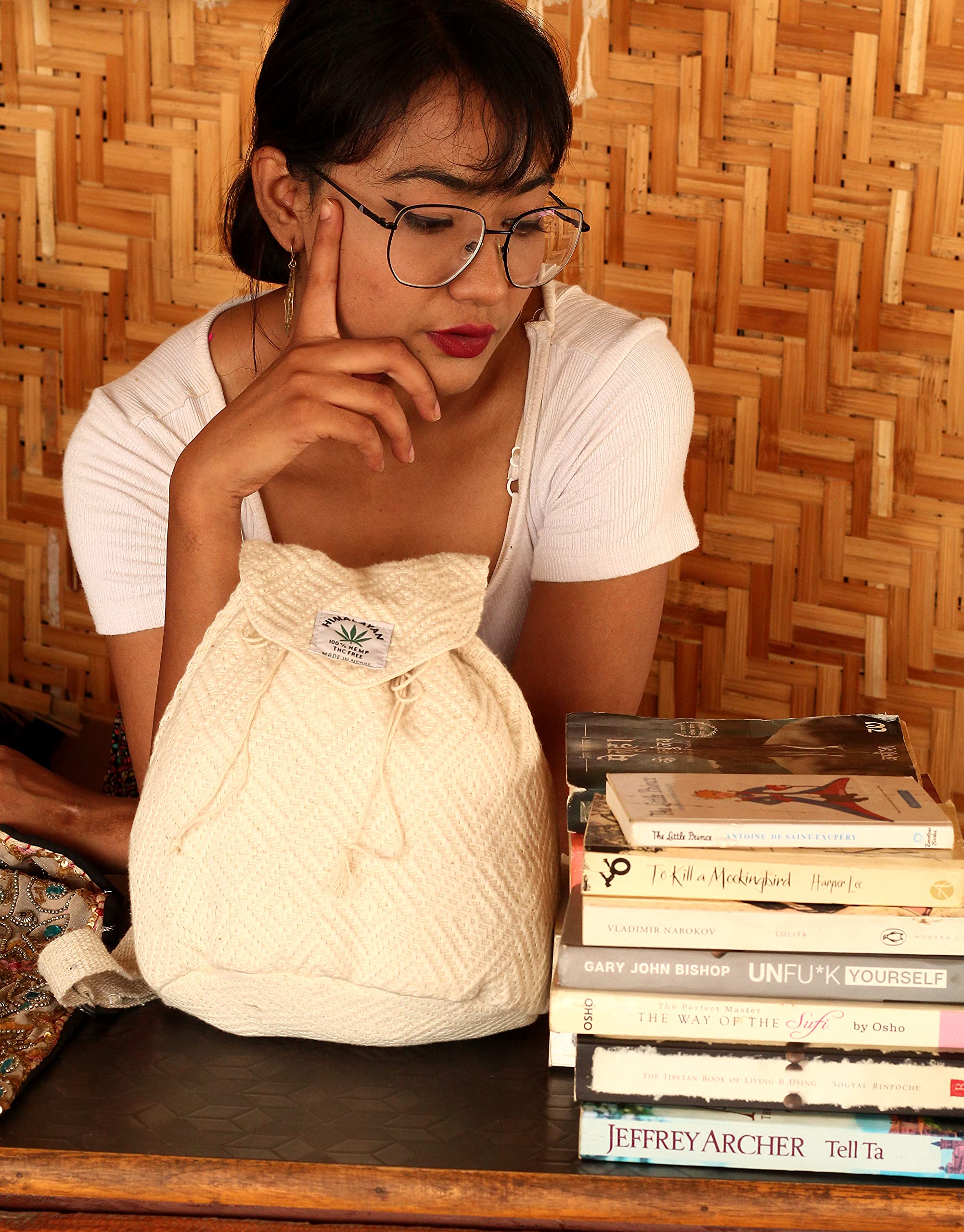 Hemp small bag for women Girls Light Weight Eco Friendly Small cute backpack Bag for everyday lives (Ivory)