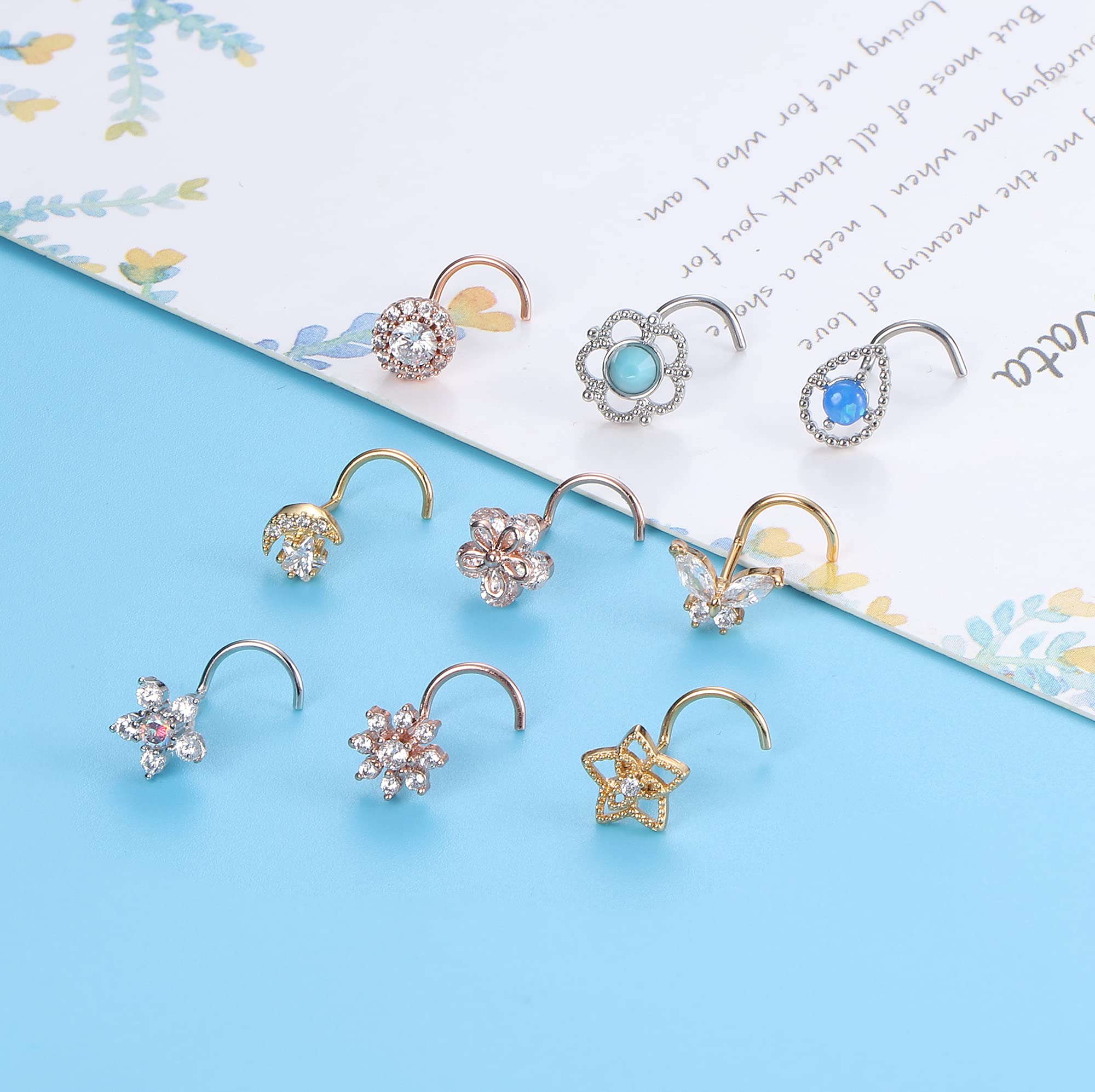 LOYALLOOK 20G Nose Ring Stud Stainless Steel Screw Nose Rings Cubic Zirconia Butterfly Opal Screw Nose Studs Flower Nose Rings Nose Piercing