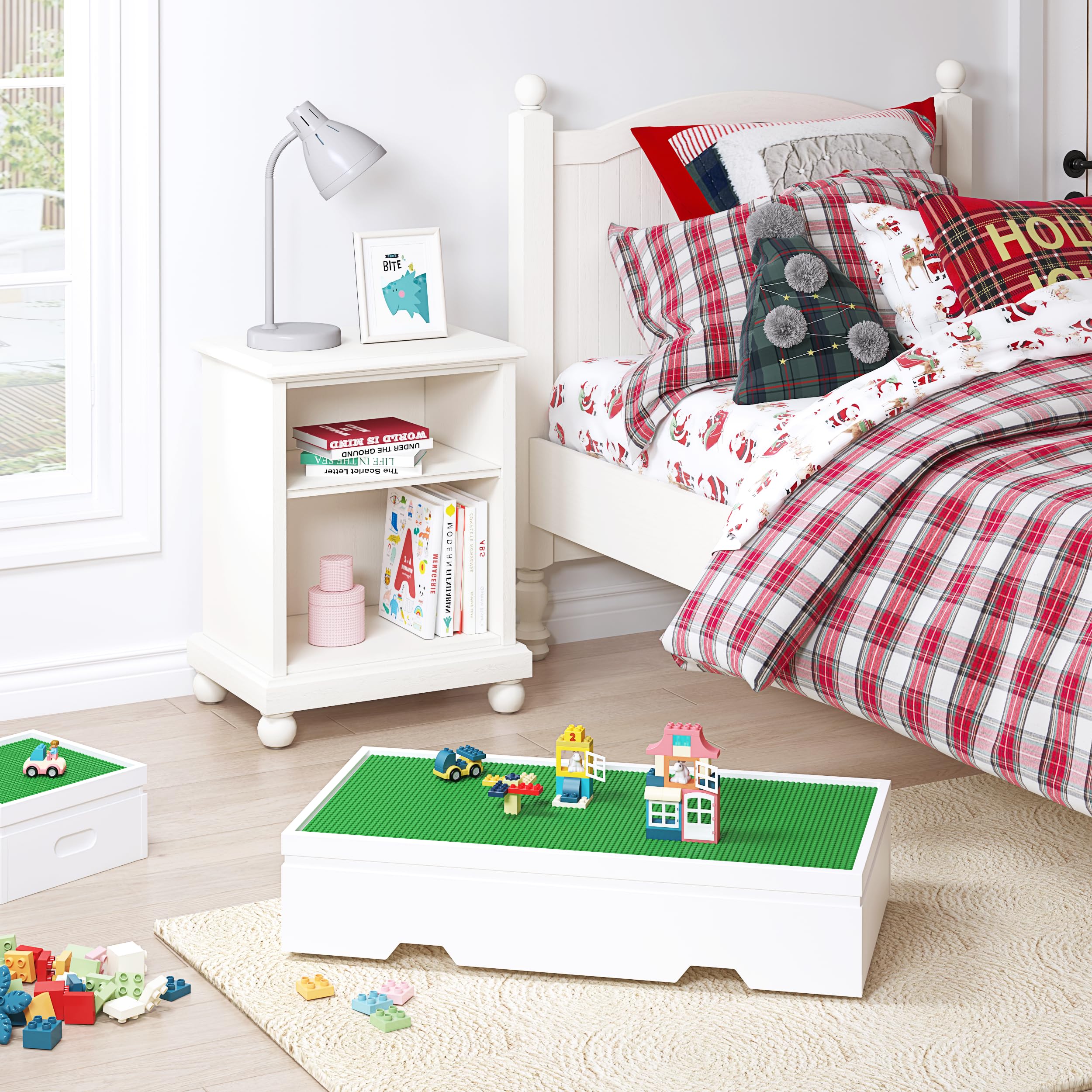 UTEX 3 in 1 Construction Play Table Compatible with Lego, Wooden Train Table, Rolling Kids Activity Play Table with Storage and Wheels, Reversible Table Top Store Under Beds or Sofas